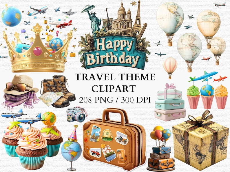 Travel Themed Birthday Clipart Set Vintage Travel Posters Birhday ...
