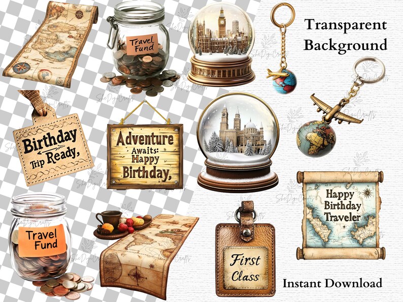 Travel Themed Birthday Clipart Set Vintage Travel Posters Birhday ...