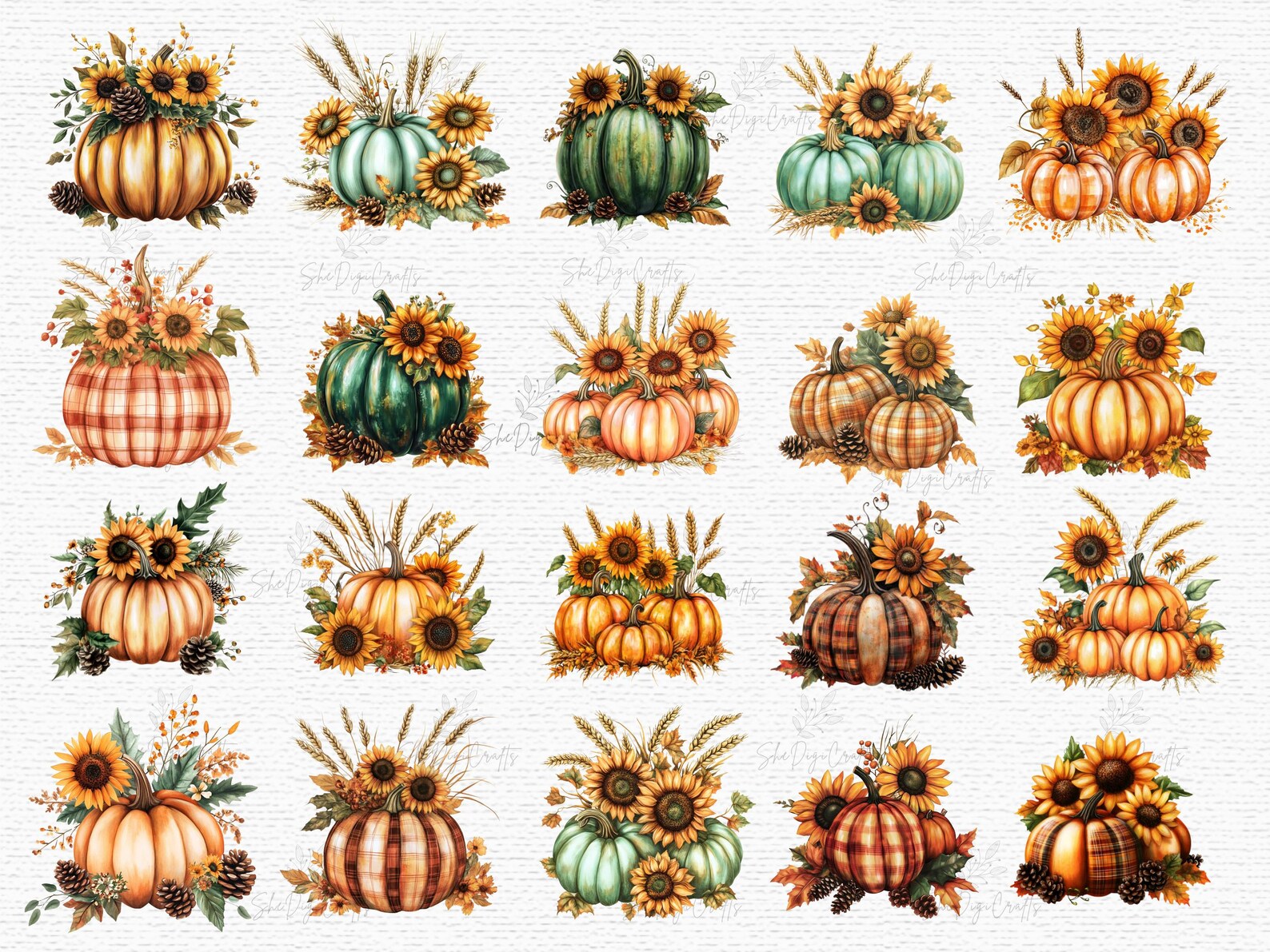 100 Autumn Pumpkin With Sunflower Clipart Set Watercolor Pumpkins ...