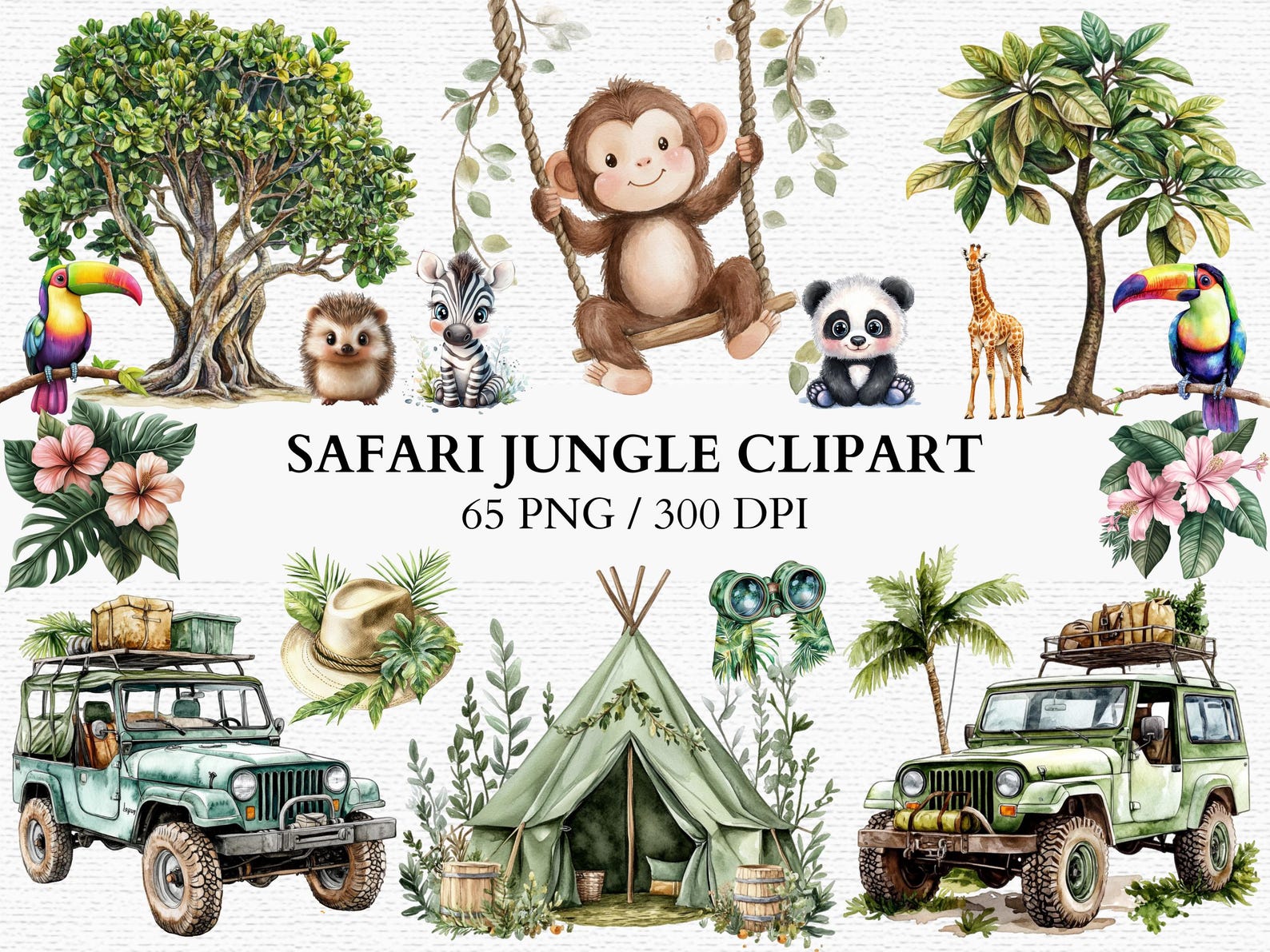 Safari Jungle Clipart Set Watercolor Baby Animals Monkey Swing Tent ...