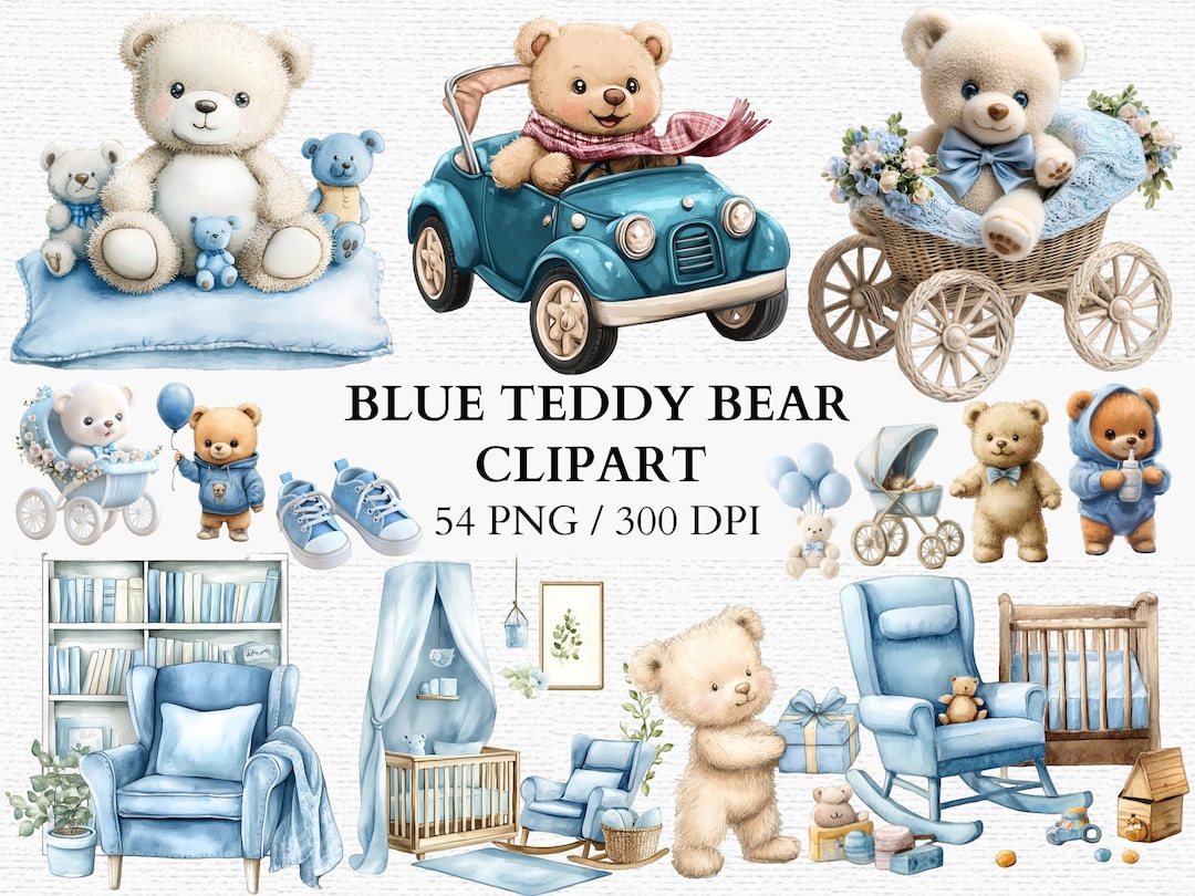 Blue Teddy Bear Clipart Watercolor, Baby Boy Nursery Bear PNG, Cute ...