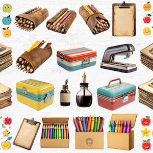 Vintage Watercolor School Clipart Bundle Png Svg, Retro Classroom Decor ...