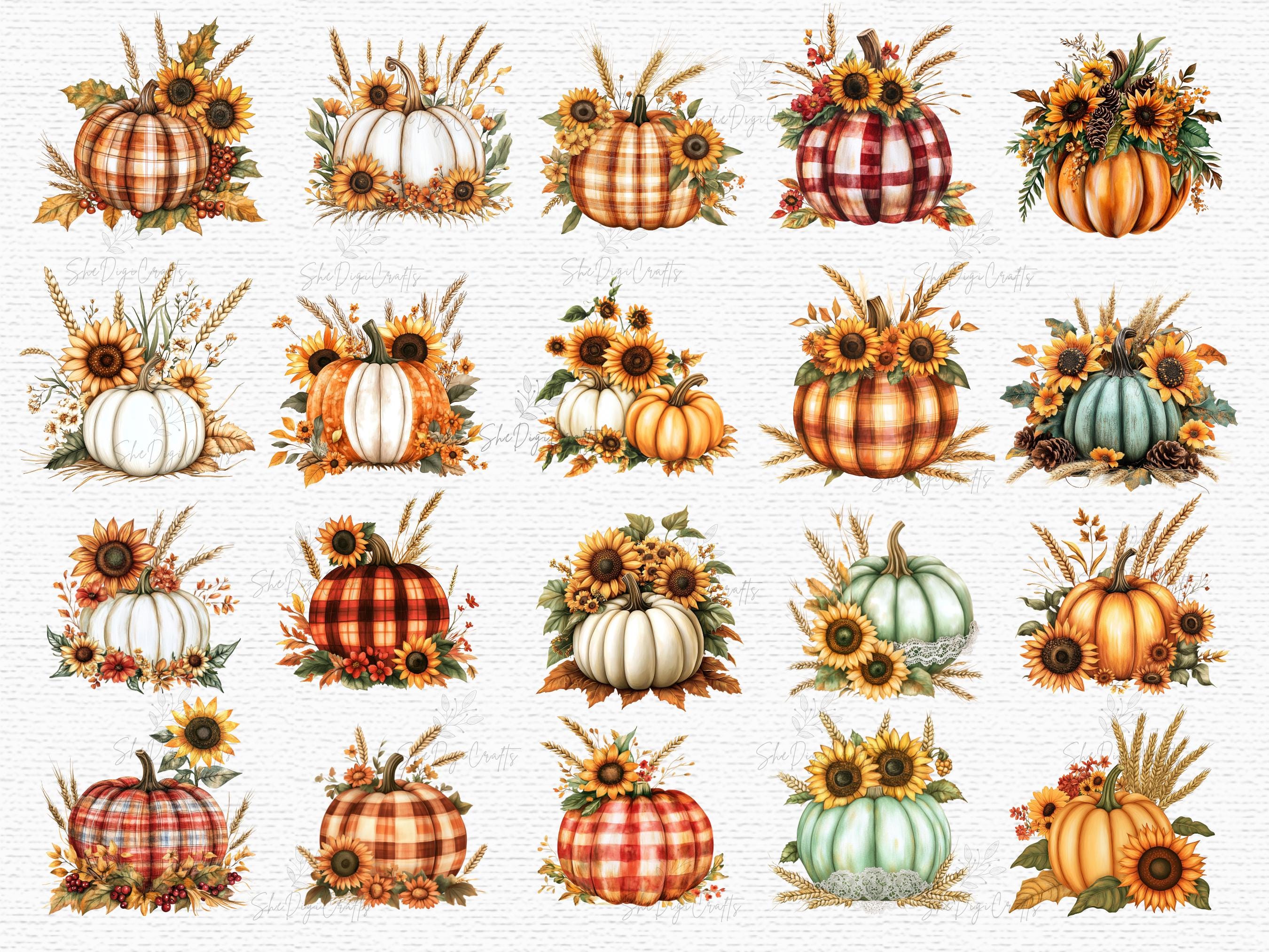 100 Autumn Pumpkin With Sunflower Clipart Set Watercolor Pumpkins ...