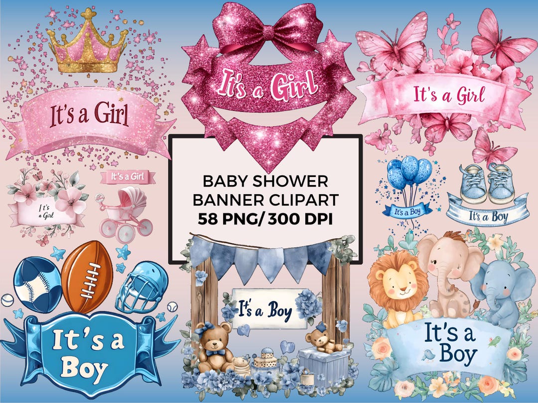 Baby Shower Banner Clipart Boy Girl Gender Reveal Decorations Pink ...
