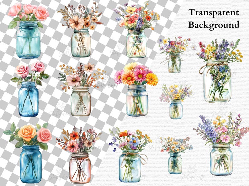 Watercolor Mason Jar Flower Clipart Bundle Wildflower Bouquet PNG ...