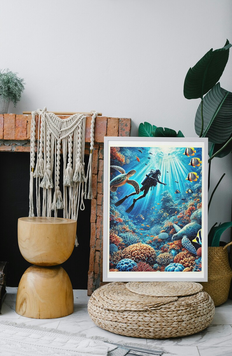 Scuba Diving Poster Wall Poster Adventure Outdoor Art Print Sea Diving ...