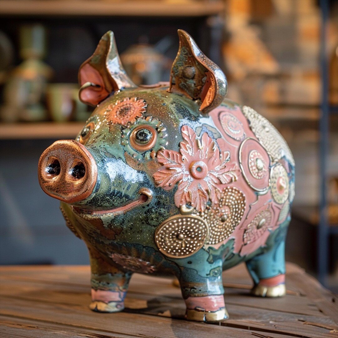 Piggy Bank Sculpture Vibrant Green, Pink Brown Design With Golden ...