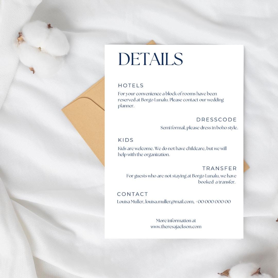 Wedding Detail Card Template Minimalist, Simple Detail Card, Editable ...