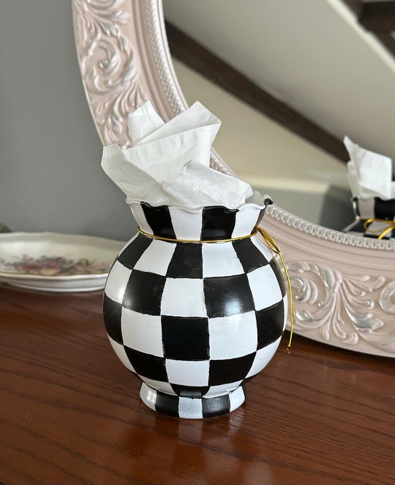 Black and White Checkered Hand Painted Glass Tissue Holder With Gold ...