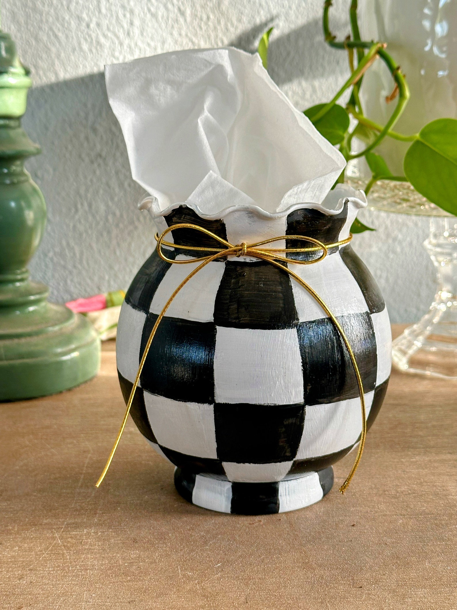 Black and White Checkered Hand Painted Glass Tissue Holder With Gold ...