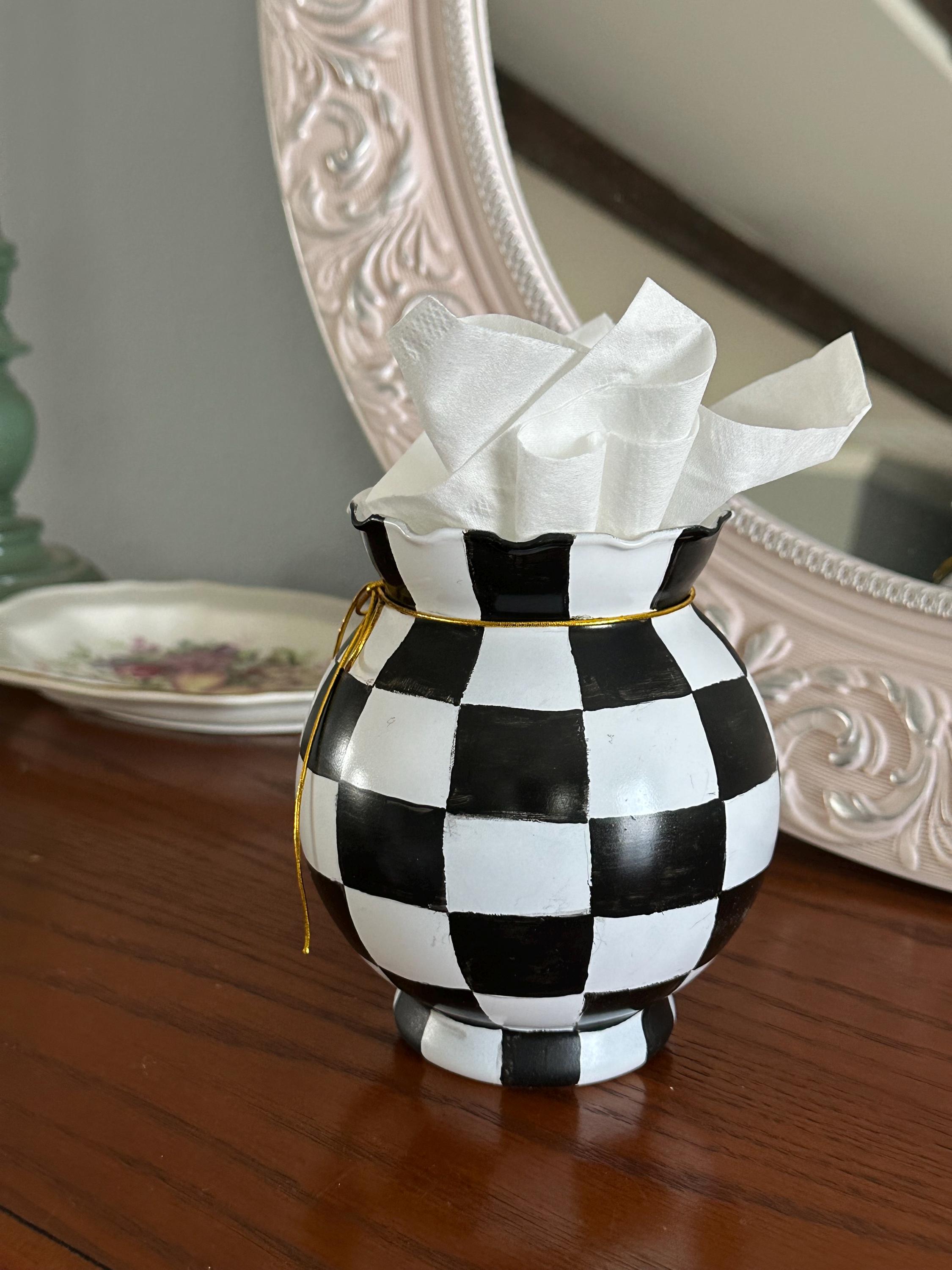 Black and White Checkered Hand Painted Glass Tissue Holder With Gold ...