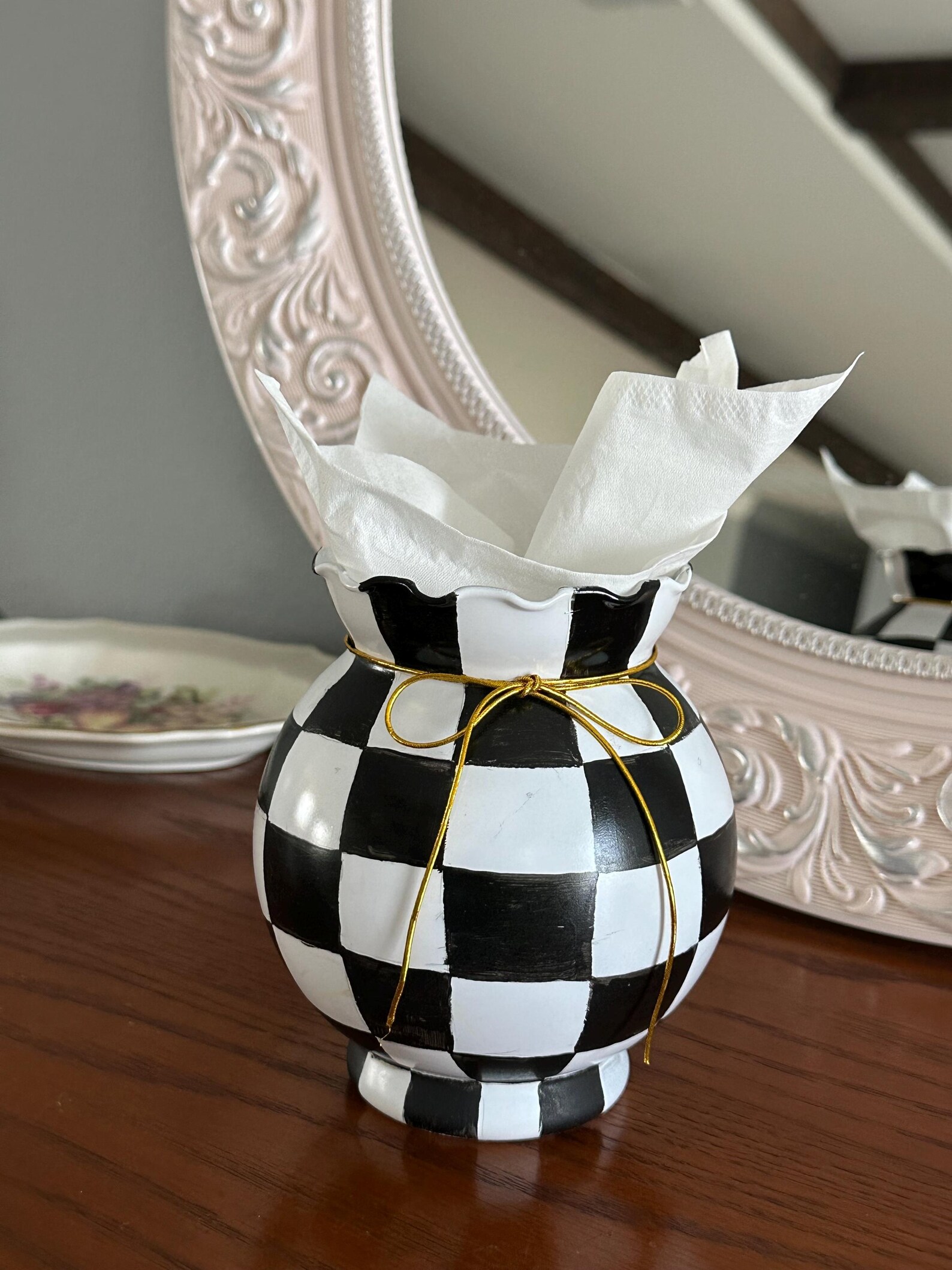 Black and White Checkered Hand Painted Glass Tissue Holder With Gold ...