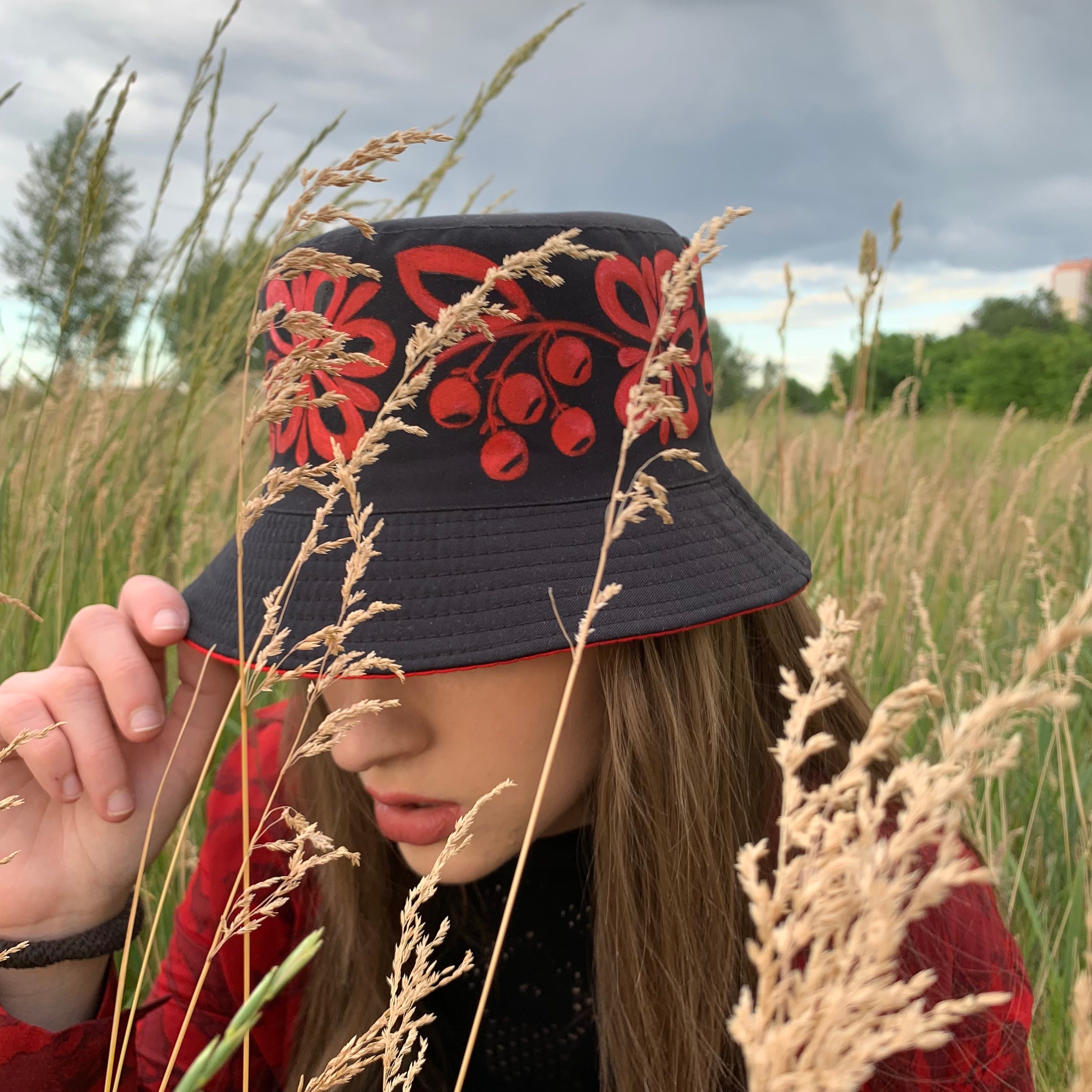 Black Painted, Bucket, Ukrainian Pattern Panama Hat, Natural Color Hat ...