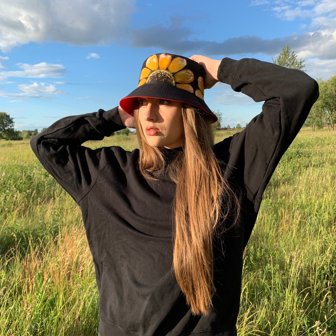 Hand-painted Bucket Hat With Sunflower Design | Unique Summer Hat ...