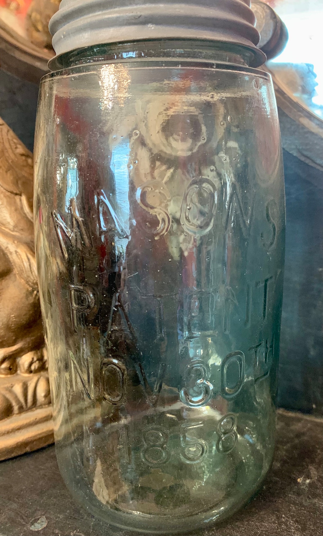 Antique Blue Mason’s Patent Nov 30th 1858 Quart Blown Glass Jar With ...