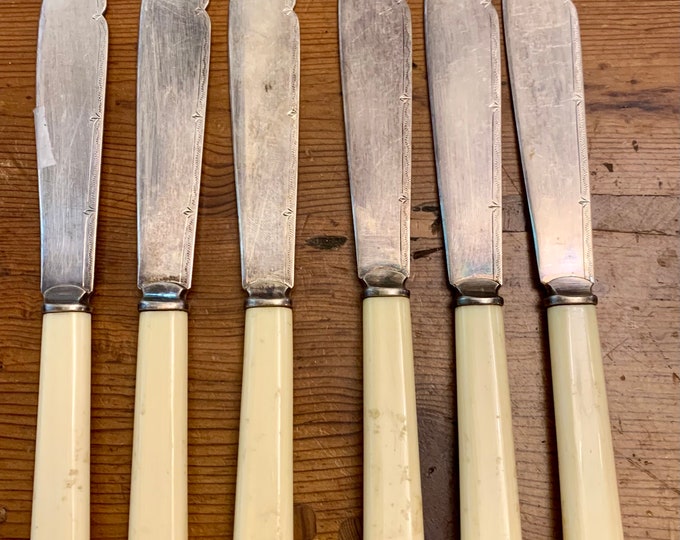 6 Antique Edwardian Fish Knives W French Celluliod Handles and Etched ...