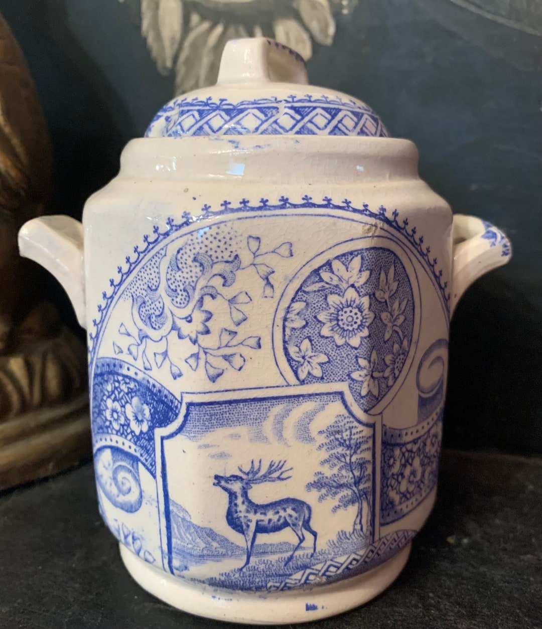 Antique Ironstone Blue Transferware Biscuit Jar From Victorian Child's ...