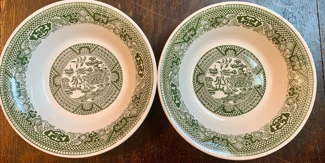 Set of 2 Green Transferware 5 Bowls Green Willow Pattern Green ...
