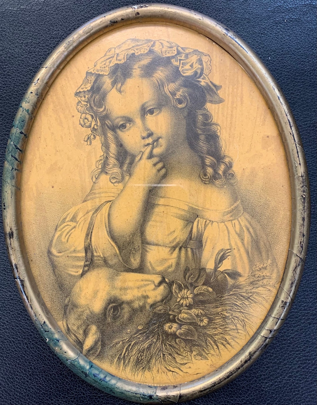 Antique Victorian Era Girl W Lamb Sepia Lithograph in Gold Wood Frame ...