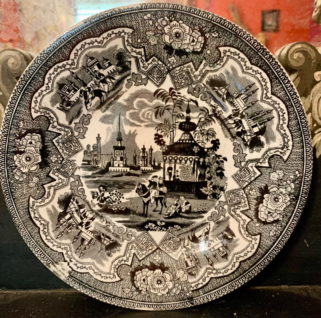 Antique English Ironstone Black Transferware Plate Gallery Wall Dark ...