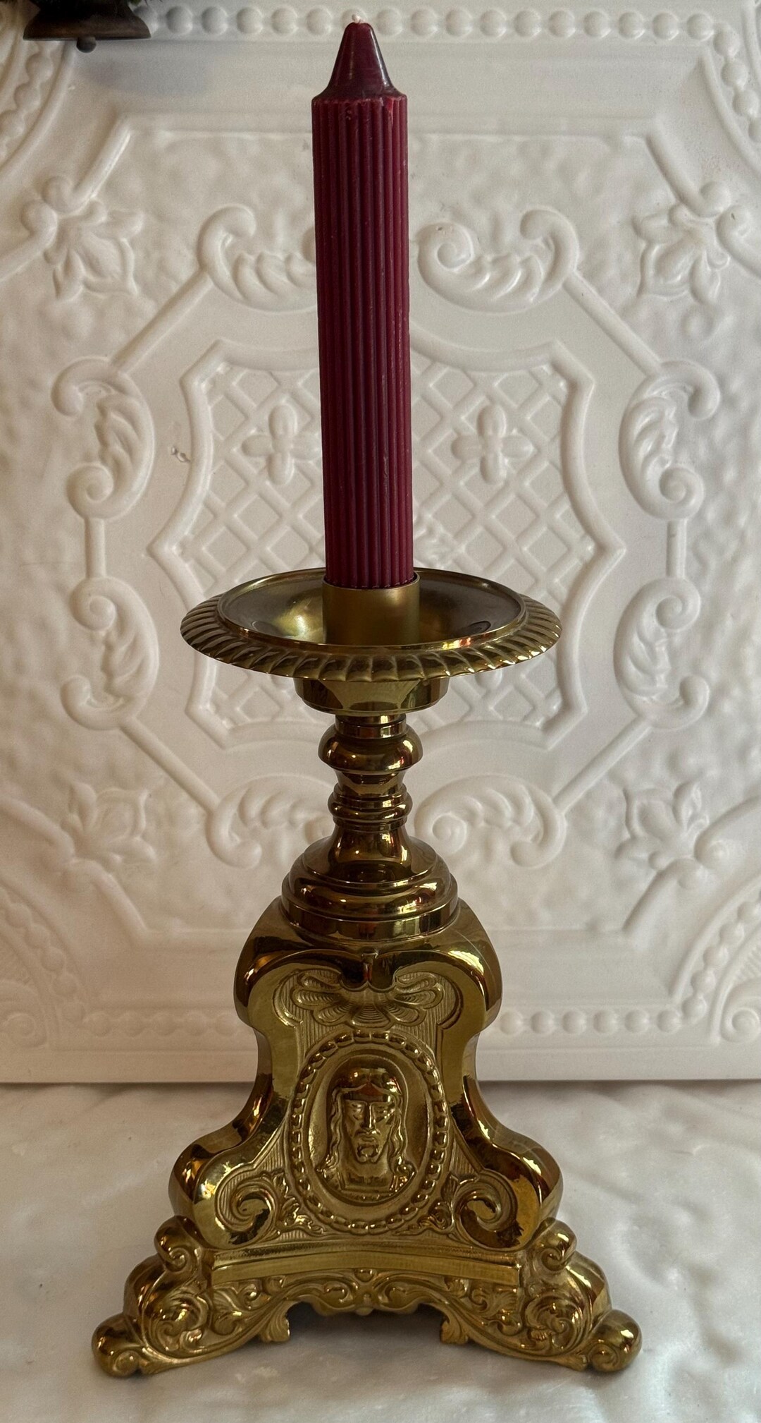 Vintage Heavy Brass 11" Altar Candlestick Traditional Holy Family Old ...
