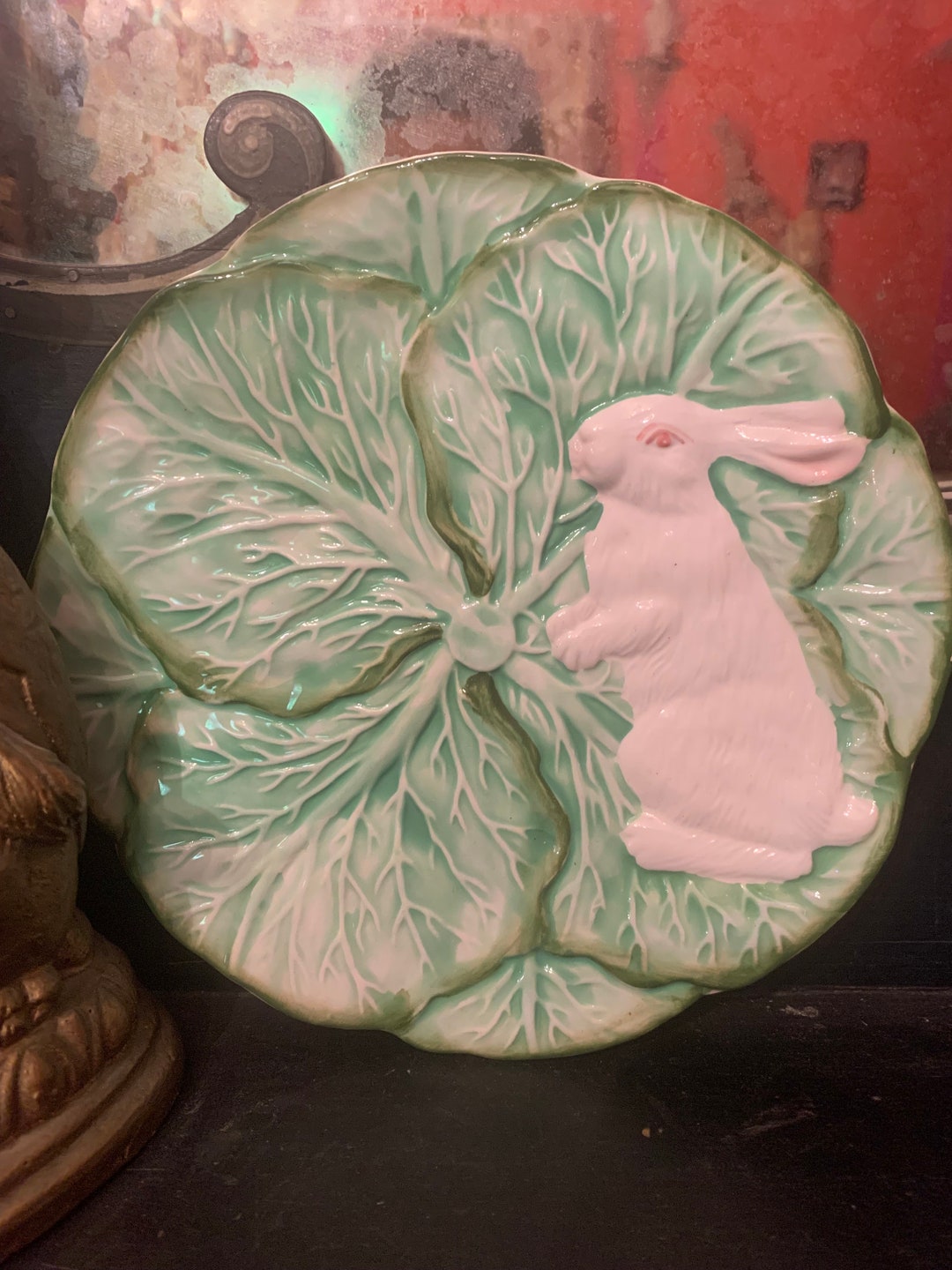 Vintage Green Olive Green Rabbit Bunny Patch Plate Majolica Style 8 ...