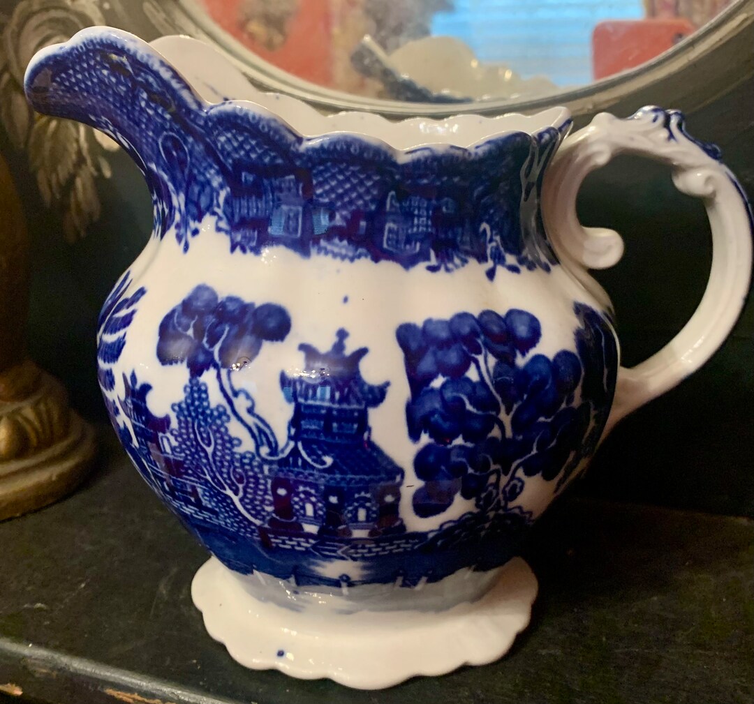 Antique Blue Willow Pitcher Flow Blue English Iron Stone Picture Late ...