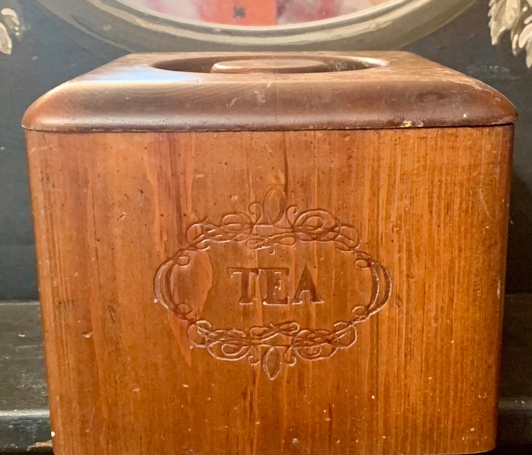 Vintage Wooden Tea Canister Storage Box Prairie Natural Wood Kitchen ...