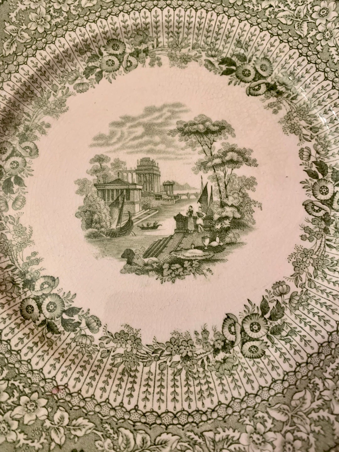 Antique English Ironstone Green Transferware Plate by - Etsy