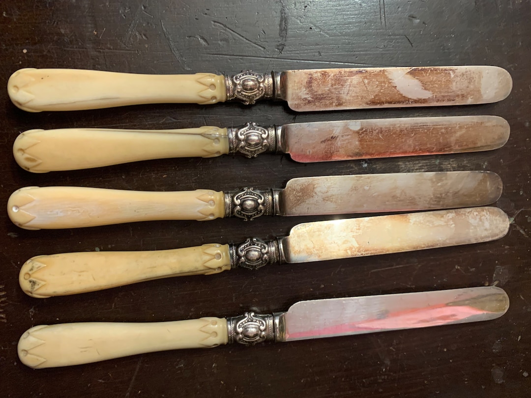 6 Antique Celluloid Handle Knives With Ornate Silver Plate Collars Bone ...