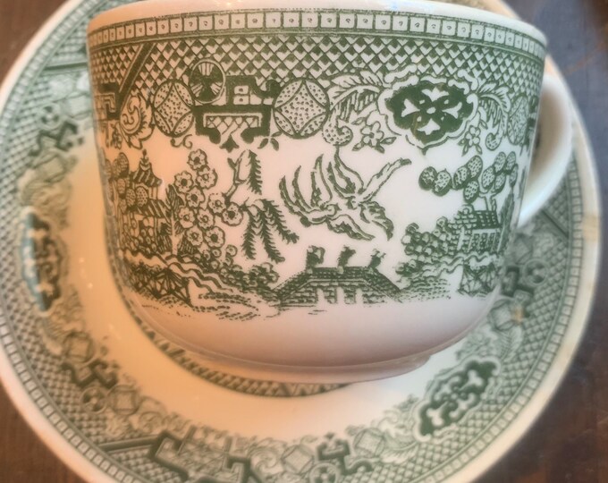 Rare Antique Green Transferware Teacup & Saucer Green Willow Pattern ...