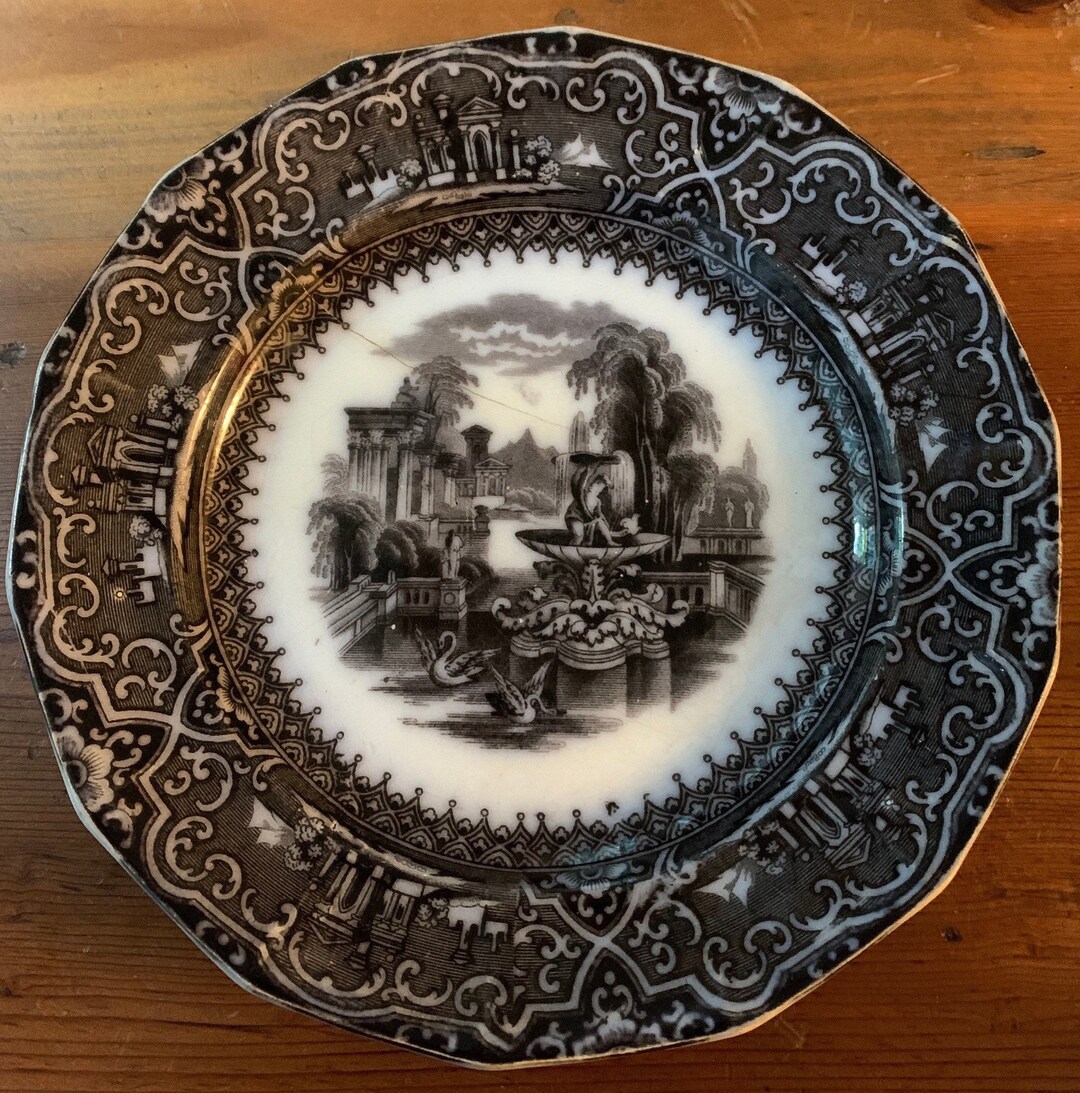 Antique English Ironstone Black Transferware Plate - Etsy