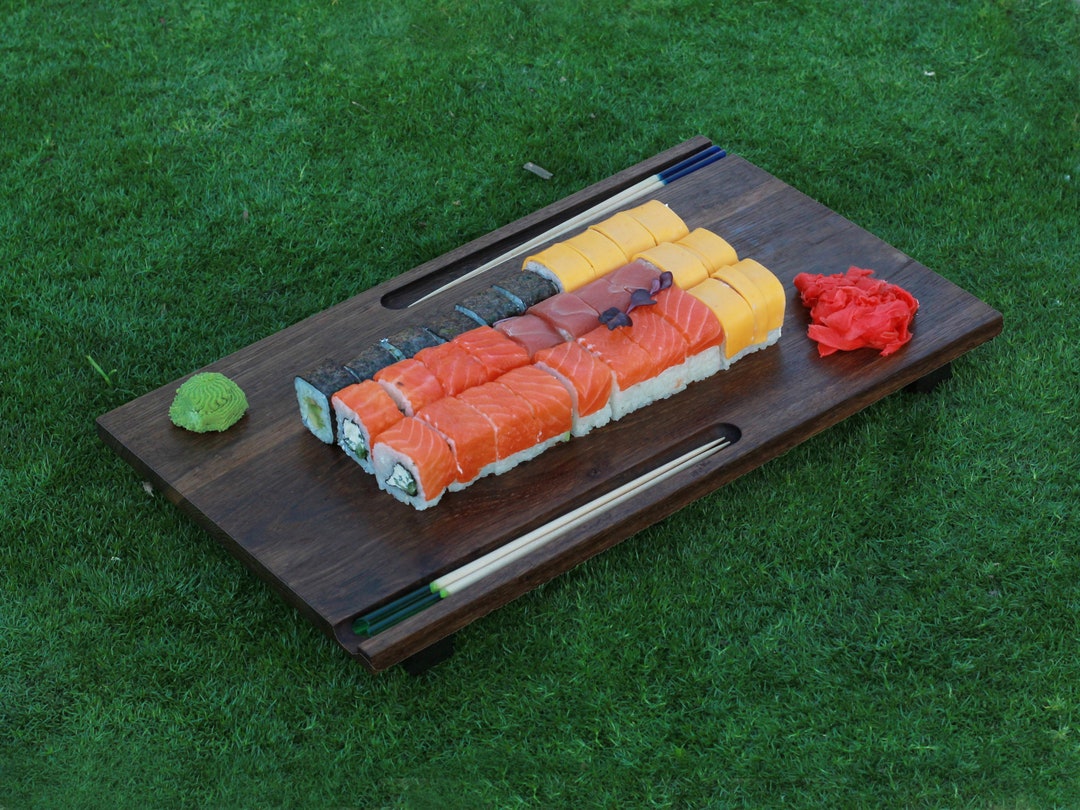 Couples Sushi Board - Bog Oak Wood, Wooden Sushi Tray With Groove for ...