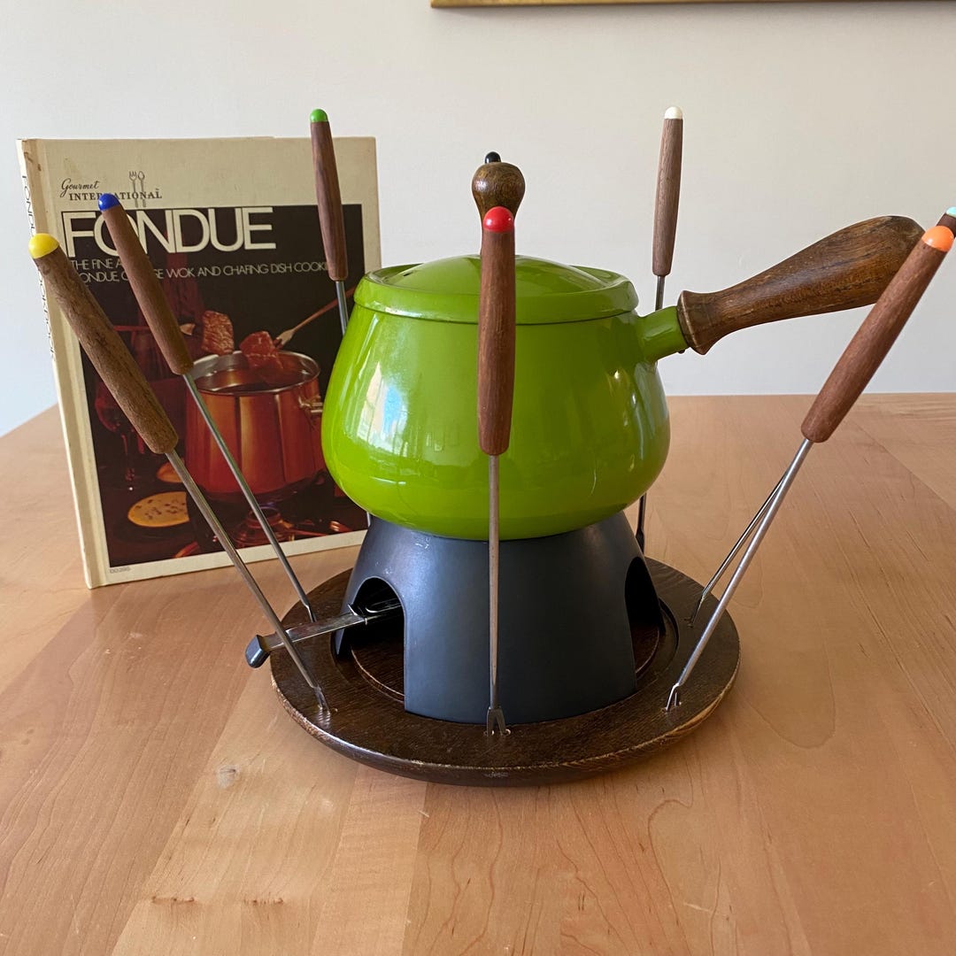 Vintage Fondue Set With Serv Wood Base – Green Enamel Pot, Skewers ...