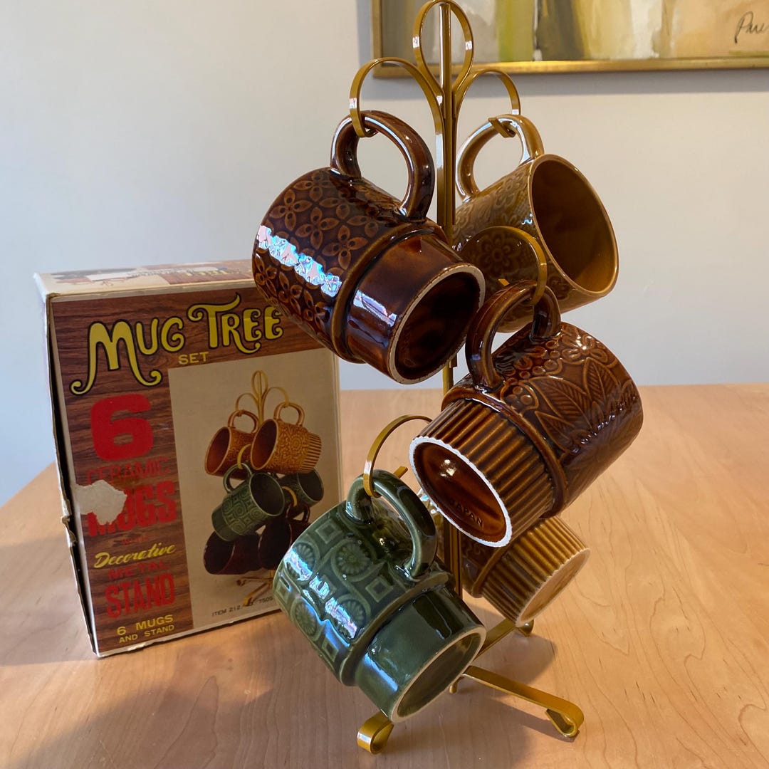 Vintage Ceramic Mug Tree Set With Metal Stand – 1970s Brown & Green ...