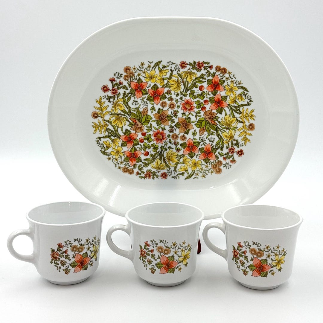 Corelle Indian Summer Set, Vitrelle Serving Platter and Three Ceramic Teacups, 1970s Flower ...