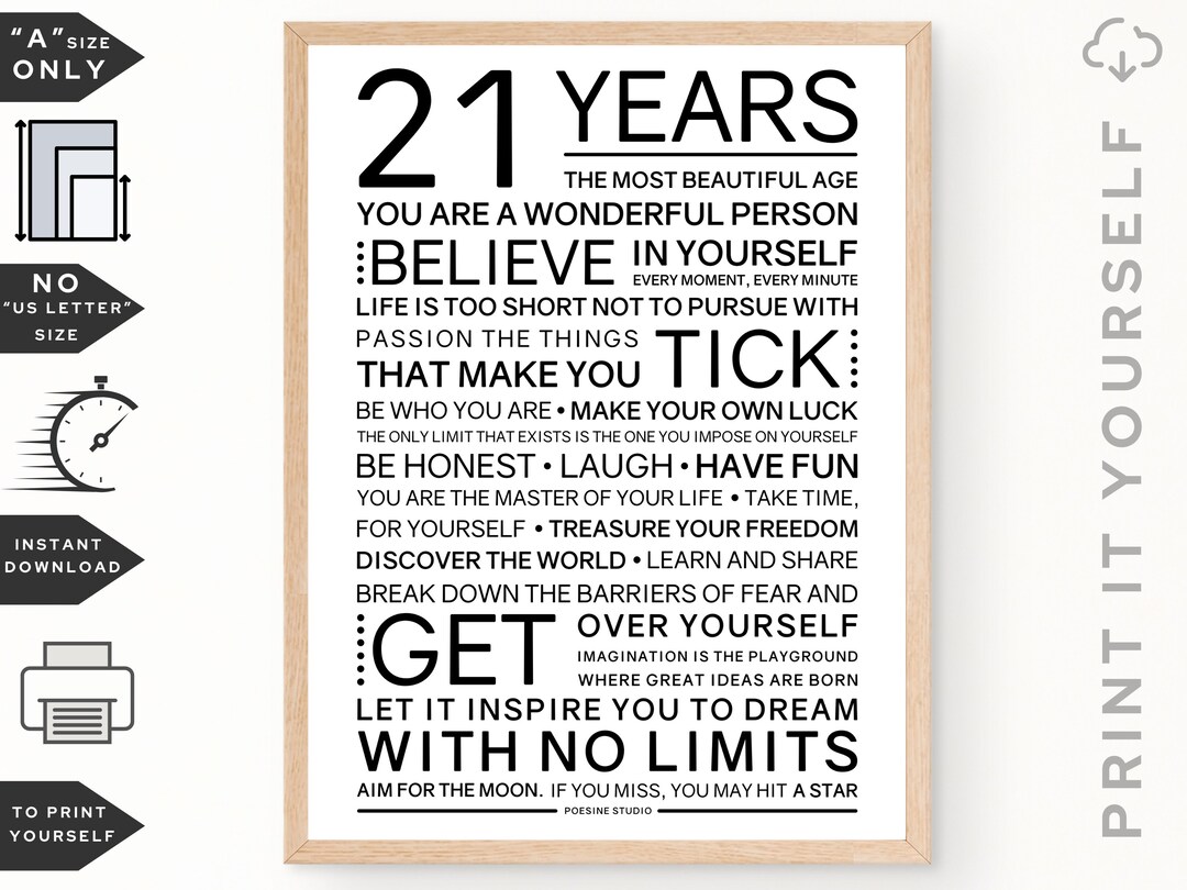 21st Birthday Poster With Positive Words 21st Birthday Gift for Man or ...