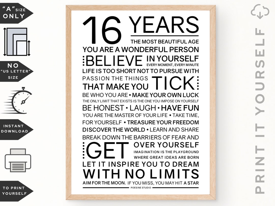16th Birthday Poster With Positive Words 16th Birthday Gift for a Boy ...