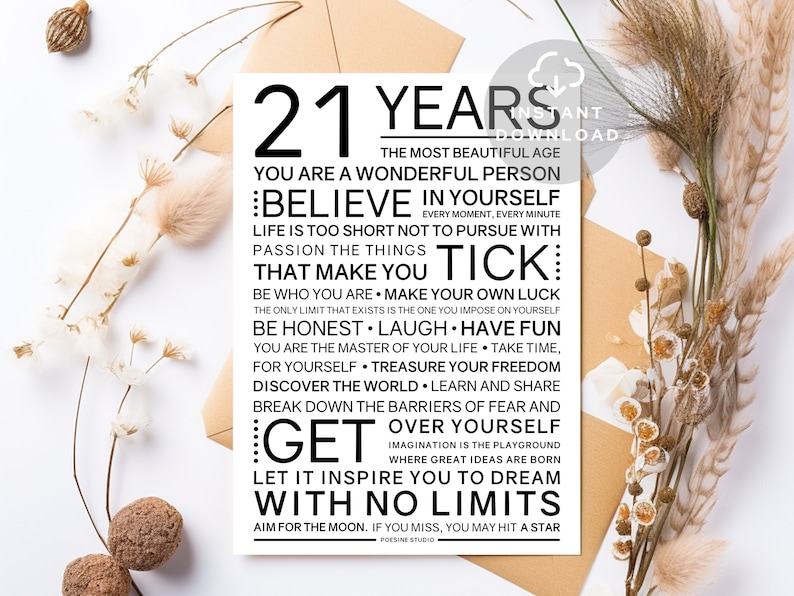 21st Birthday Poster With Positive Words 21st Birthday Gift for Man or ...