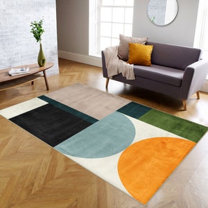 Abstract Beige Rug, Living Room Rug, Colorful Shape Rug, Modern Rug ...