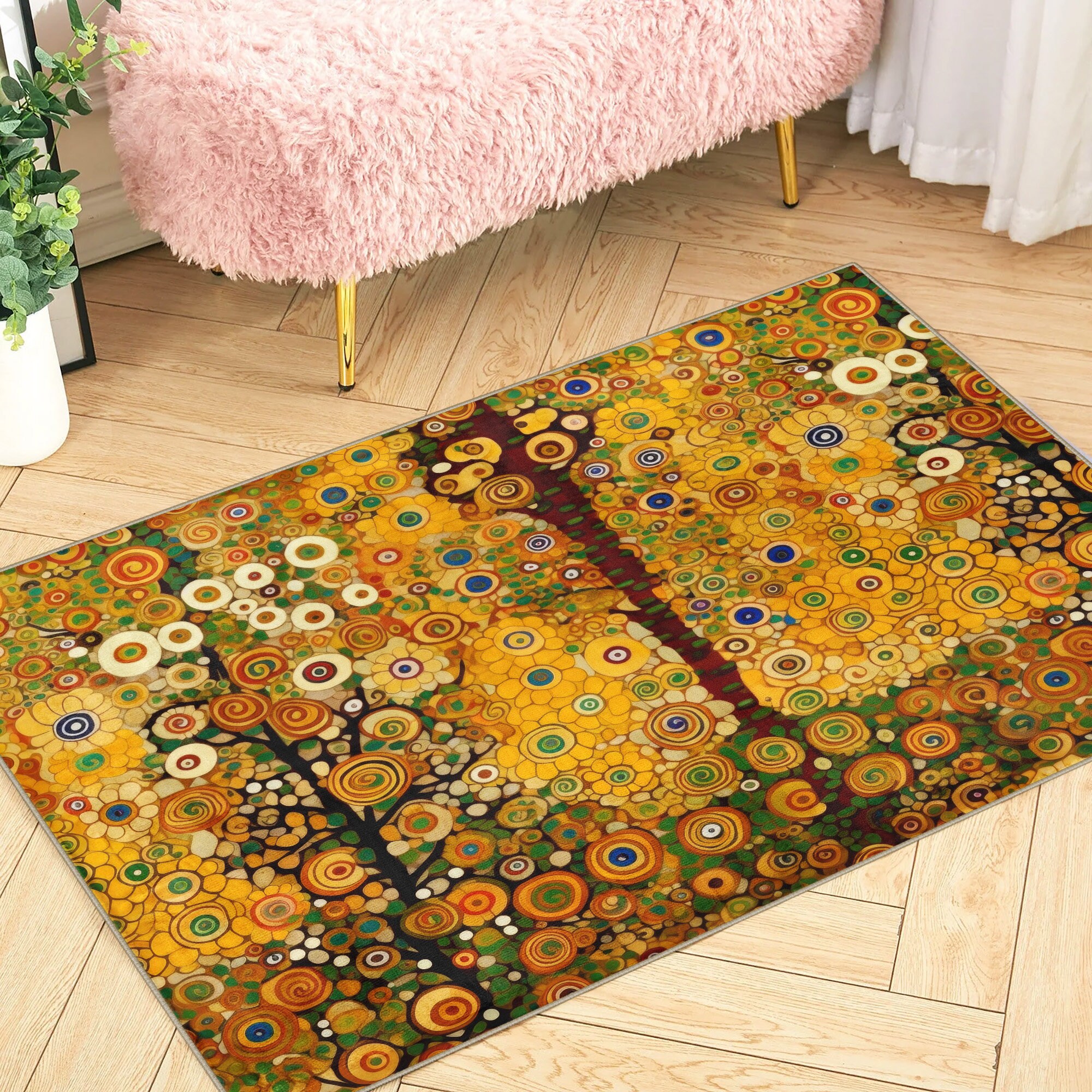 Gustav Klimt Elegant Botanical Pattern Rug, Nature Theme Rug, Leaf ...