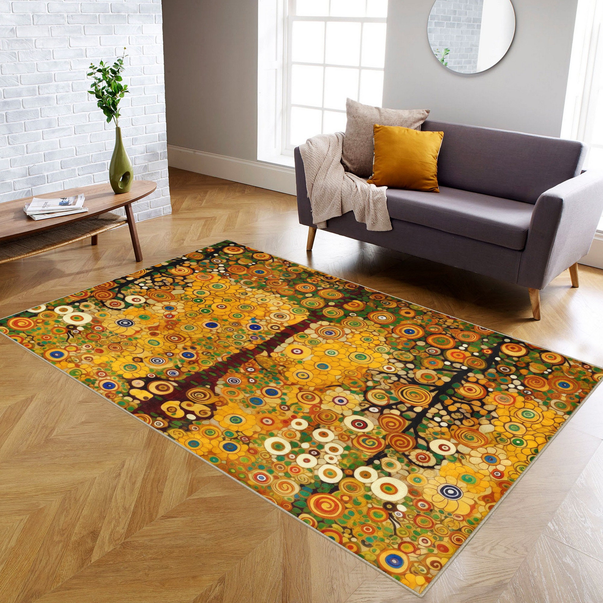 Gustav Klimt Elegant Botanical Pattern Rug, Nature Theme Rug, Leaf ...