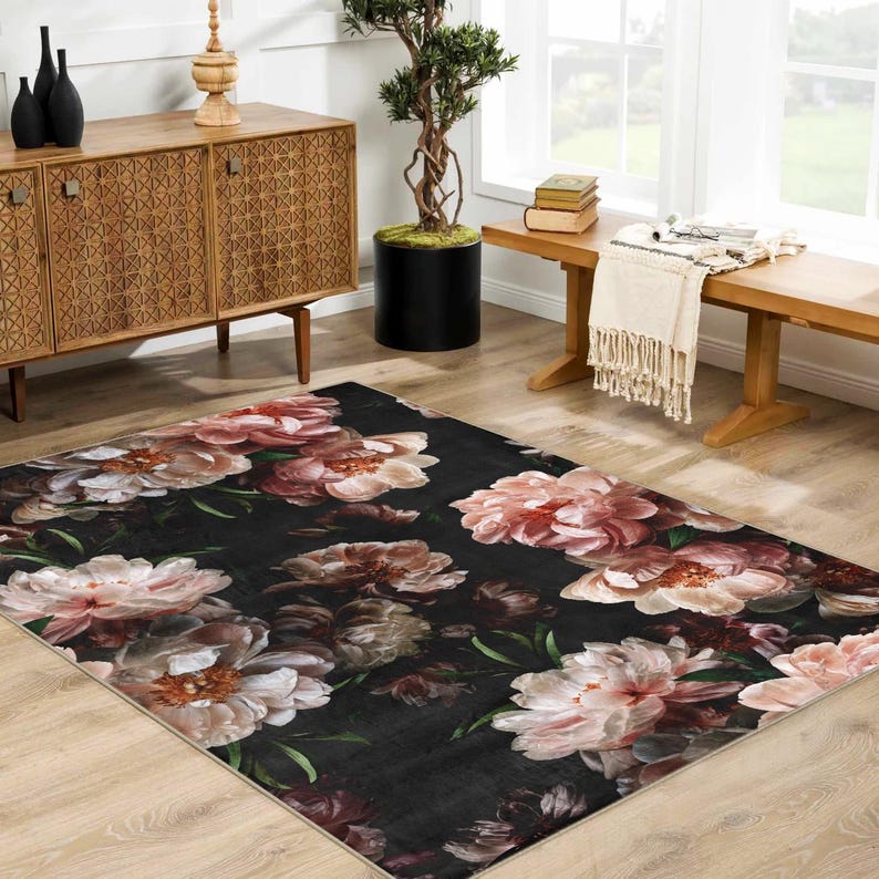 Dark and Moody Peony Flower Seamless Pattern Area Rug, Nursery Rug ...