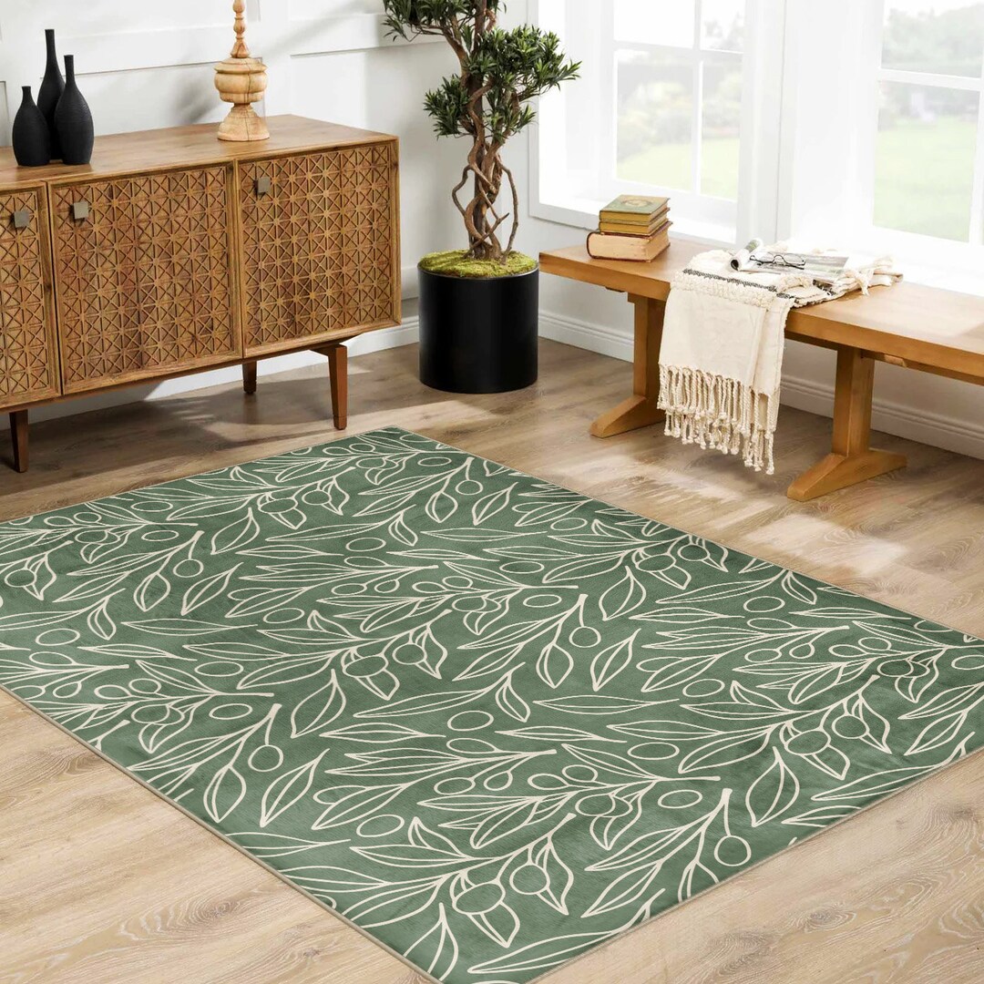 Sage Green Abstract Pattern Rug, Neutral Beige Organic Shapes Rug ...