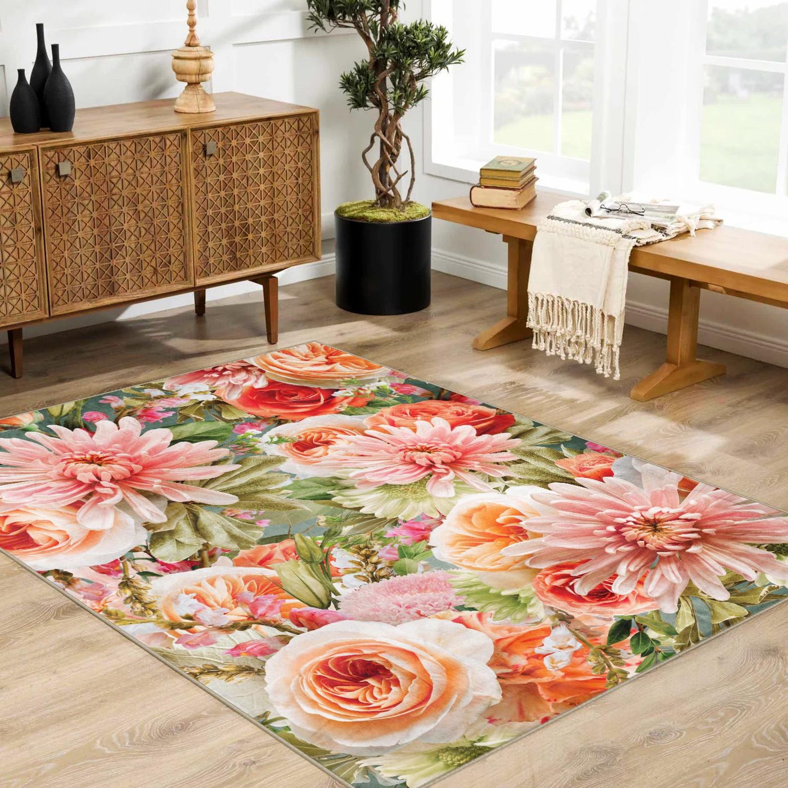 Bellini Floral Art Rug, Flower Art Rug, Art Deco Area Cover, Abstract ...