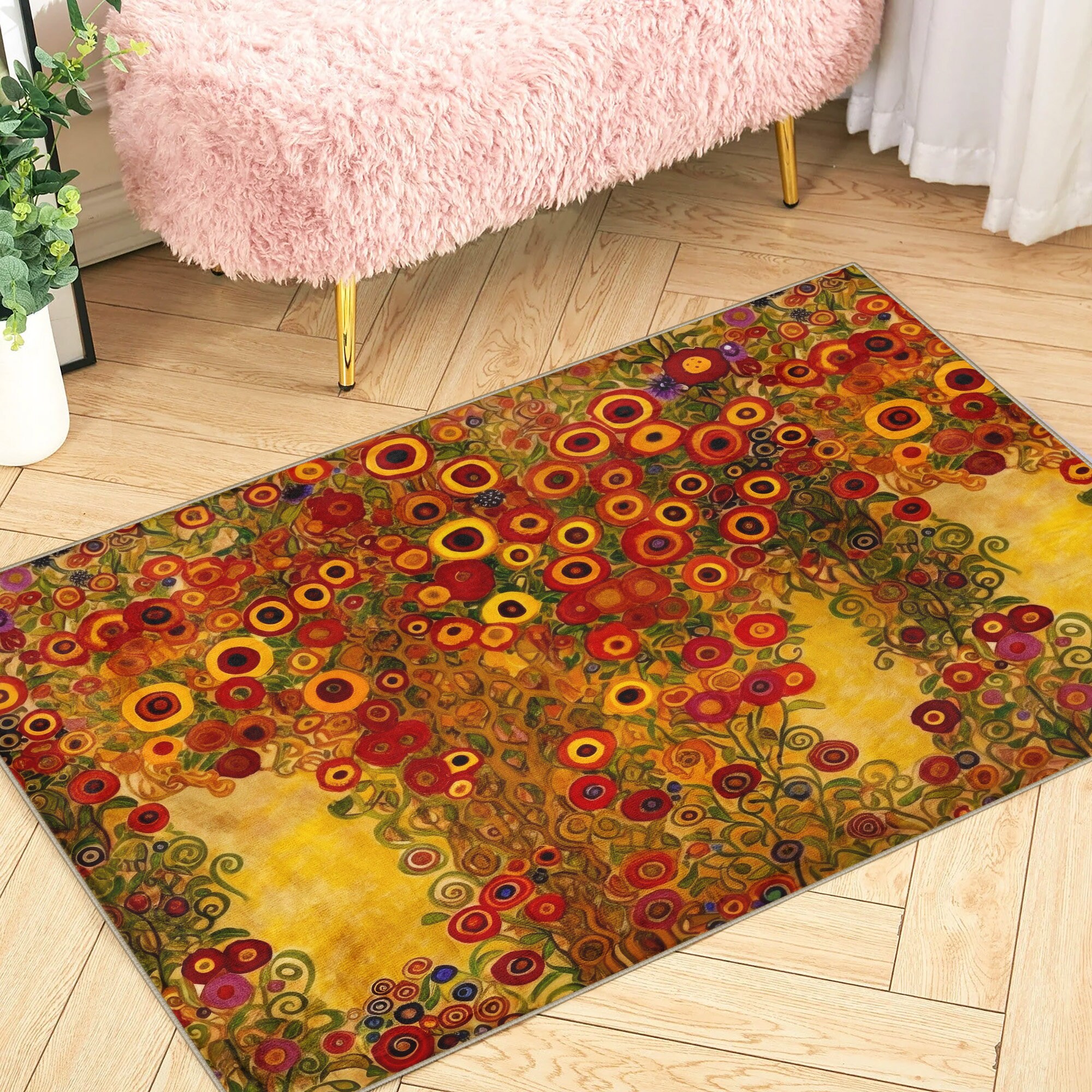Gustav Klimt Inspired Flower Rug, Botanical Art Carpet, Elegant Home ...