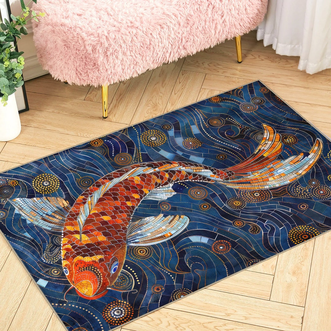 Japanese Koi Fish Rug, Pond Mosaic Carpet, Easy Clean Rug, Midcentury ...