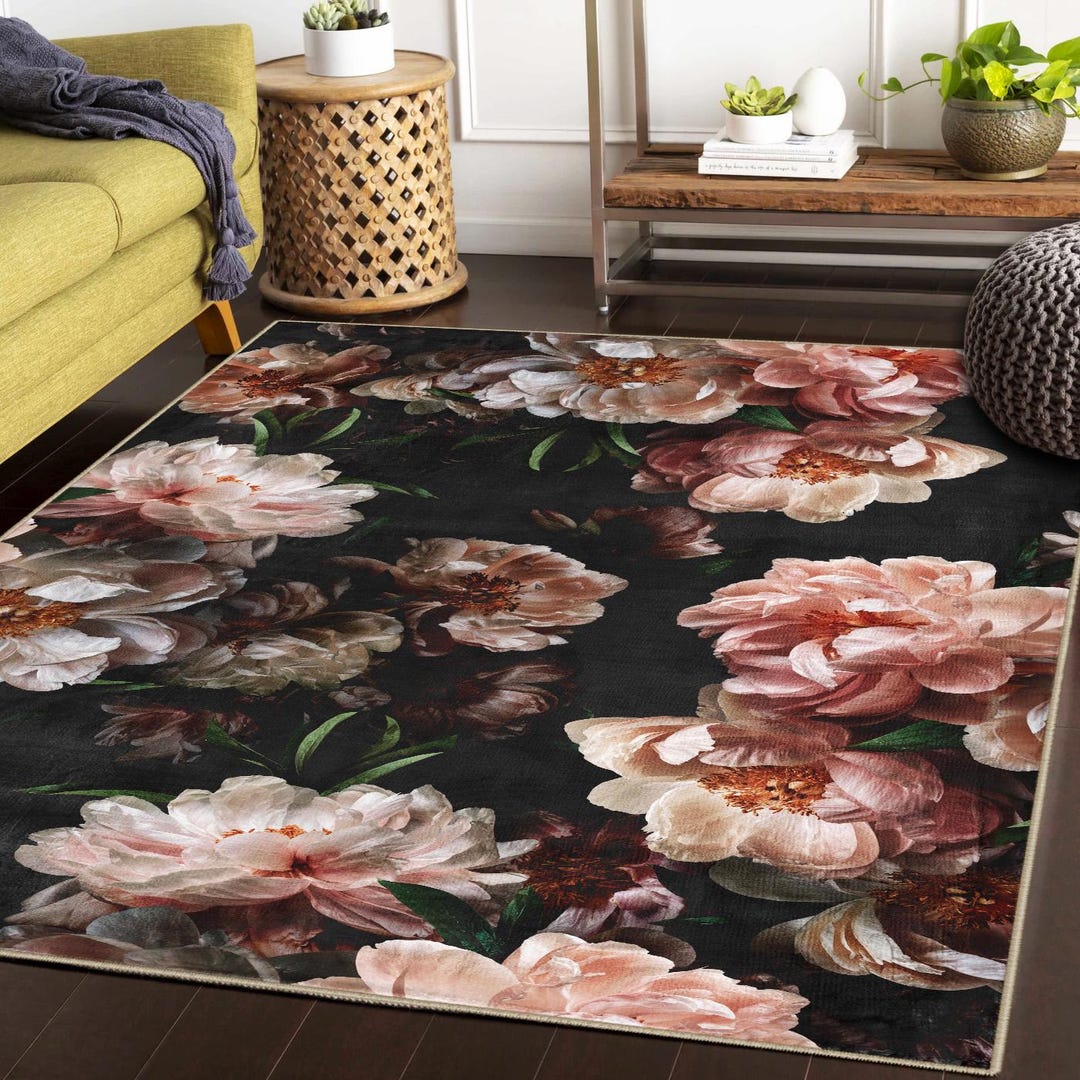 Dark and Moody Peony Flower Seamless Pattern Area Rug, Nursery Rug ...