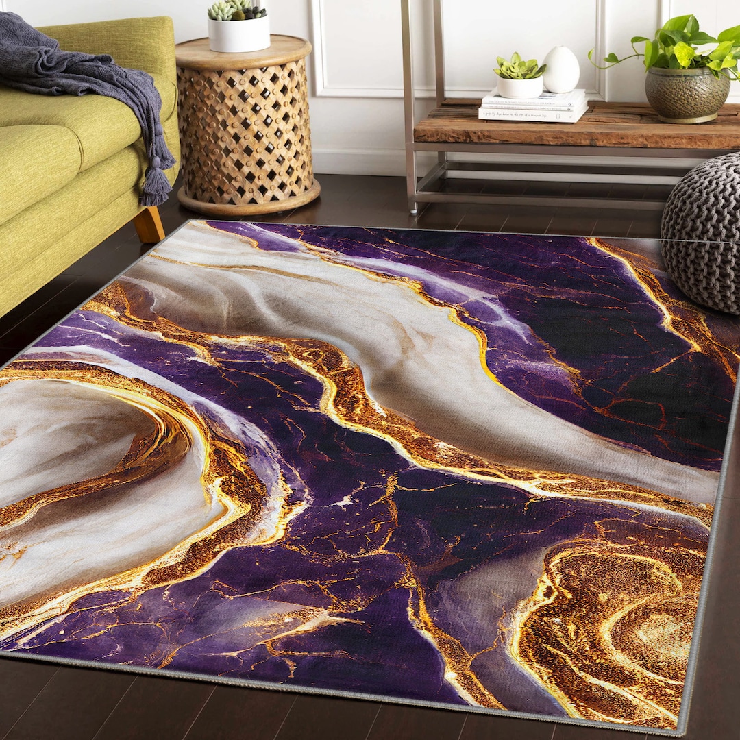Purple and Gold Marble Area Rug, Minimalist Home Decor, Modern Organic ...