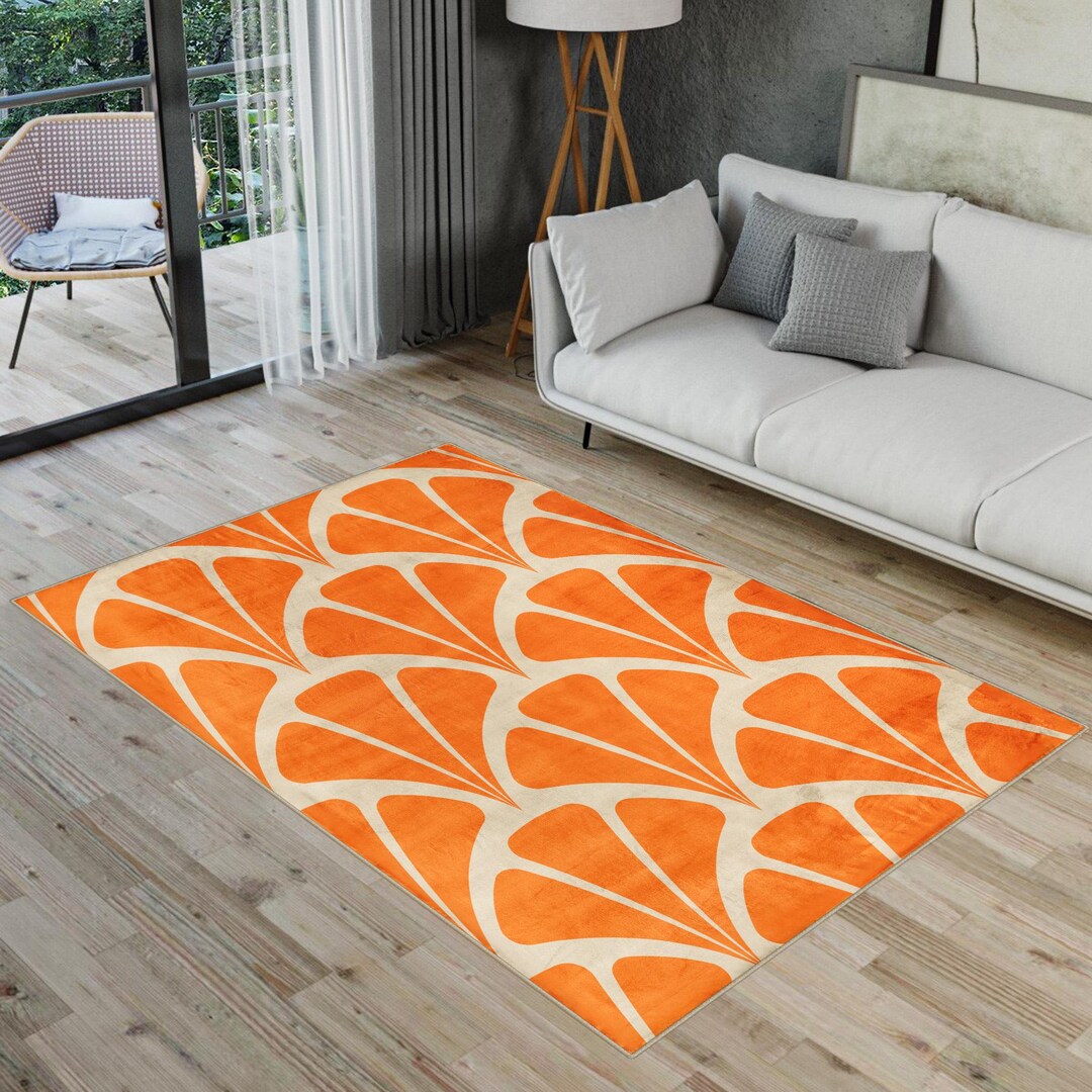 Orange Abstract Geometric Stripe Rug, Abstract Geometric Area Rug, Mid ...